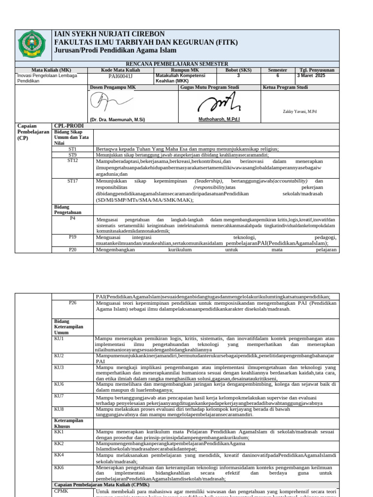 RPS PAI - Inovasi Pengelolaan Lembaga Pendidikan Maemunah 2025 | PDF