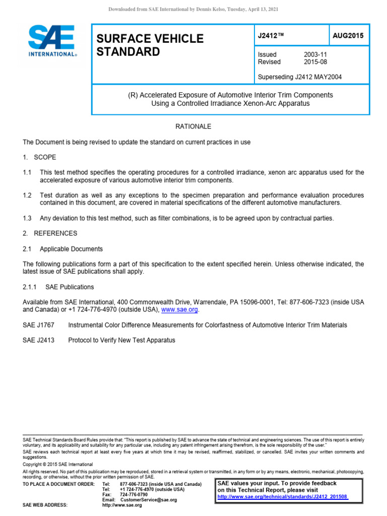 SAE J2412: Automotive Trim Testing Standard | PDF | Exposure ...