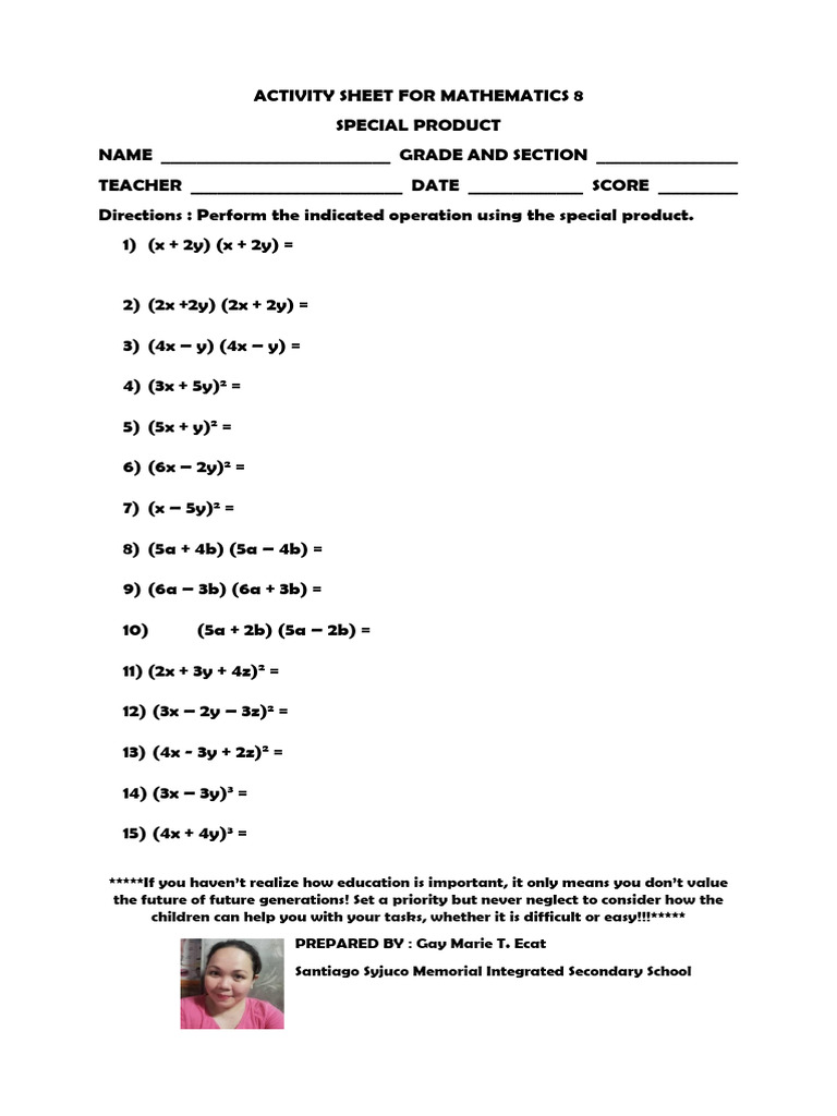 Activity Sheet For Mathematics 8 | PDF | Mathematics | Algebra