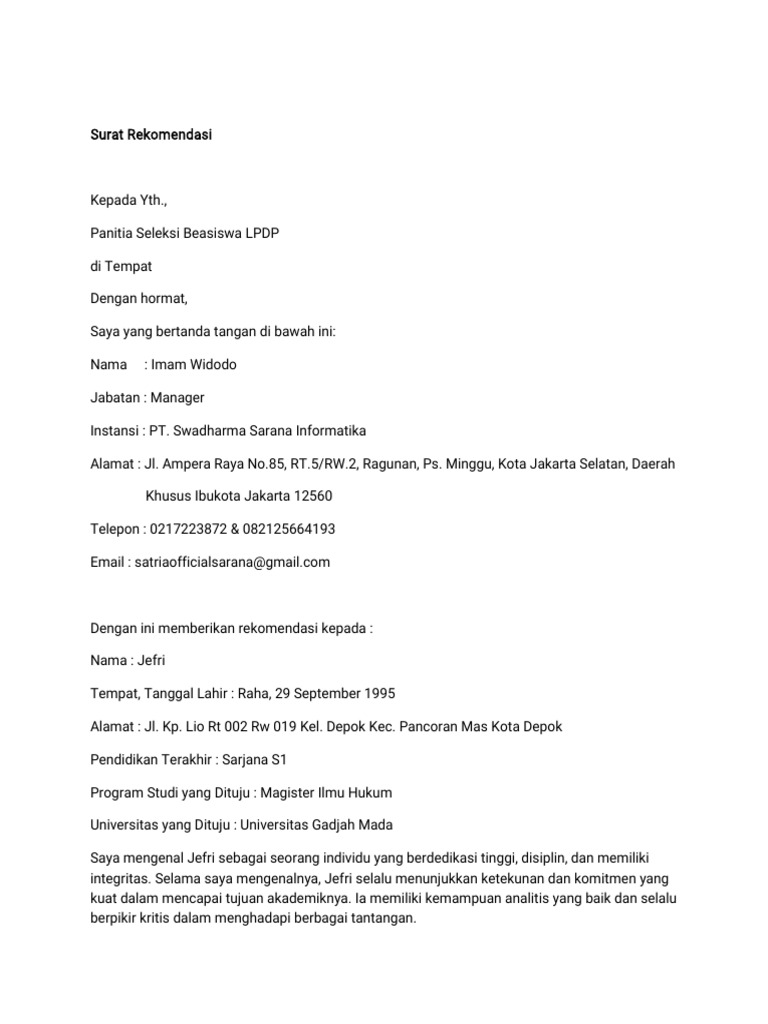 Surat Rekomendasi LPDP | PDF