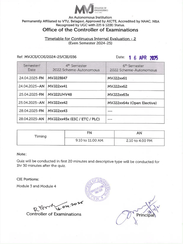 CIE-2 TT For 4th and 6th Semester 2022 Scheme | PDF