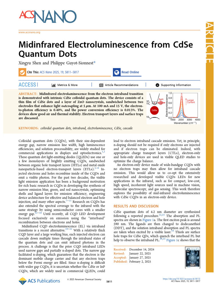 Shen Guyot Sionnest 2025 Midinfrared Electroluminescence From Cdse ...