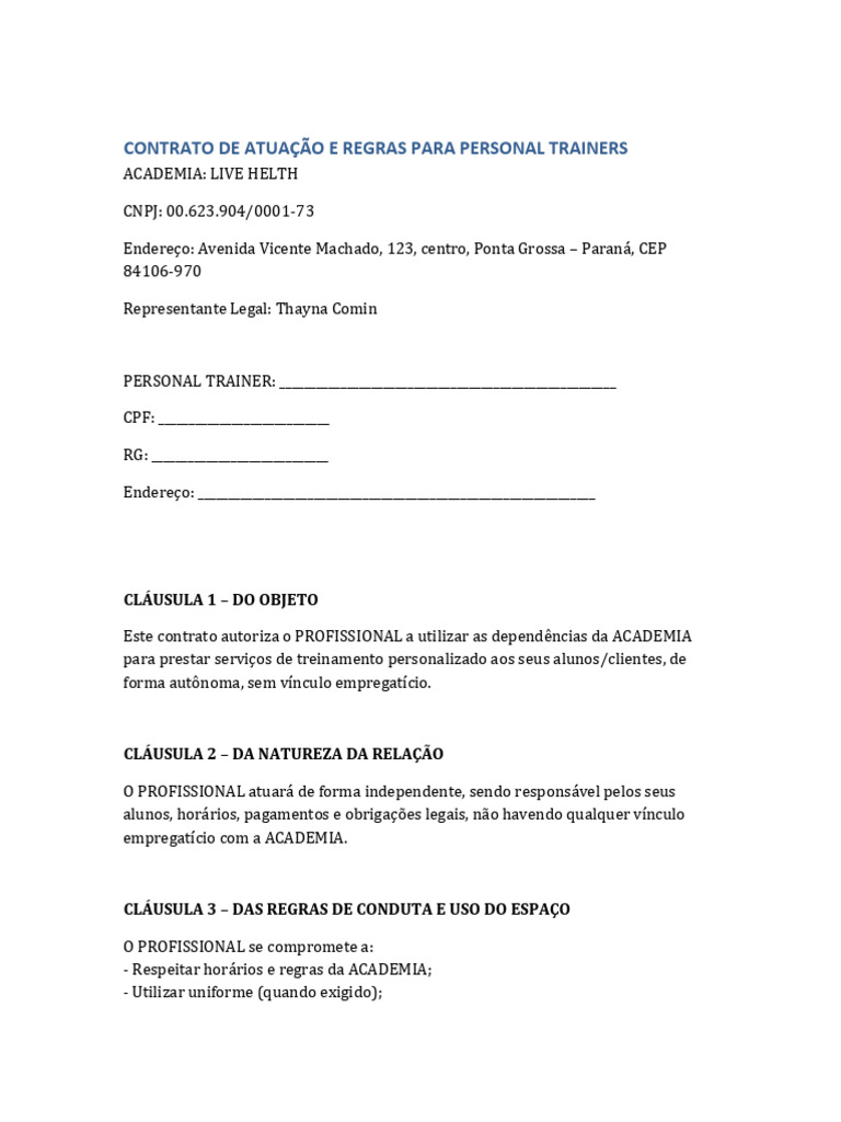 Contrato para Personal Trainers na Live Health | PDF