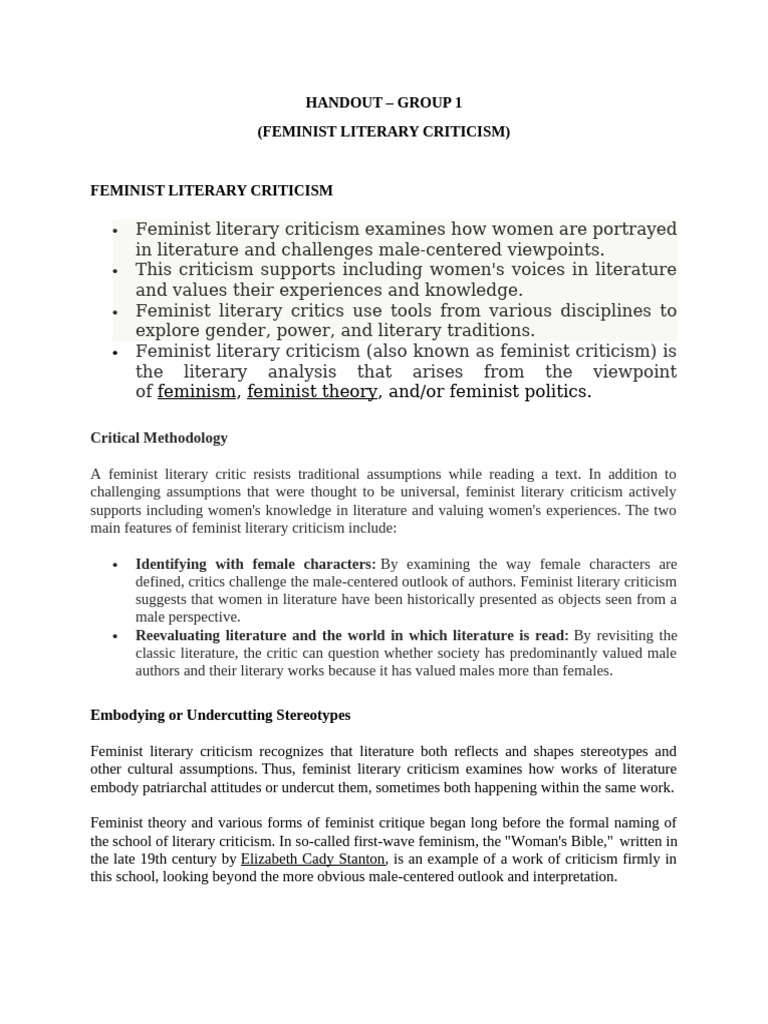 Handout (Feminist Literary Criticism) | PDF | Gender Studies | Feminism