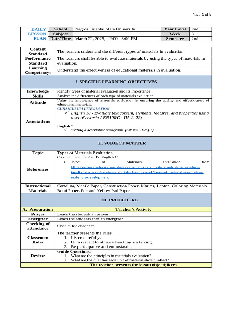 Lesson Plan Demo Super Duper Final | PDF | Learning | Evaluation
