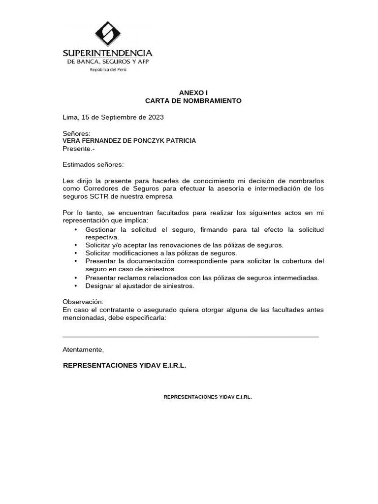 Modelo Carta Nombramiento SBS | PDF | Póliza de seguros | Seguro