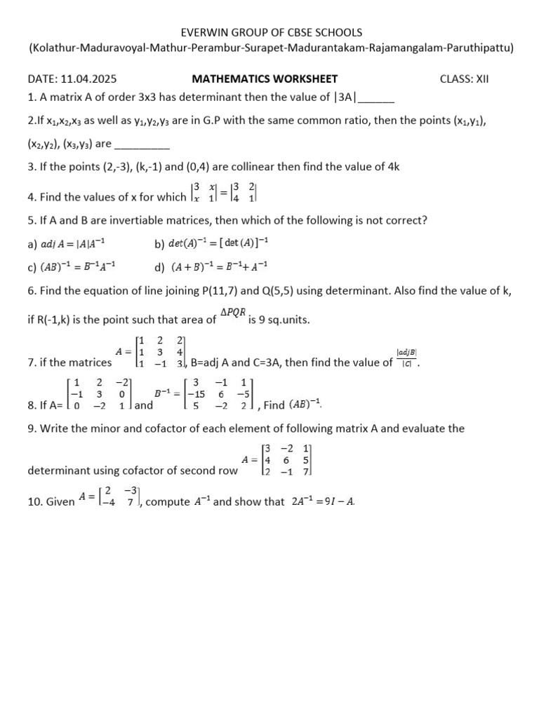CLASS XII - MATHS Worksheet | PDF