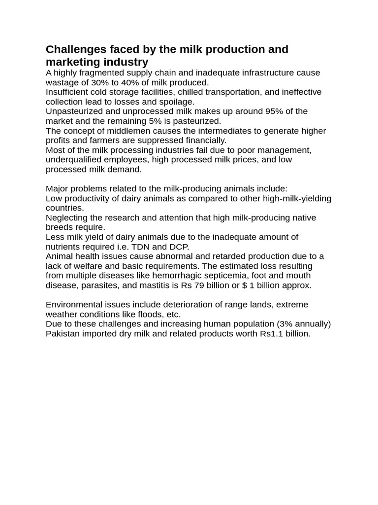 Challenges Faced by The Milk Production and Marketing Industry | PDF