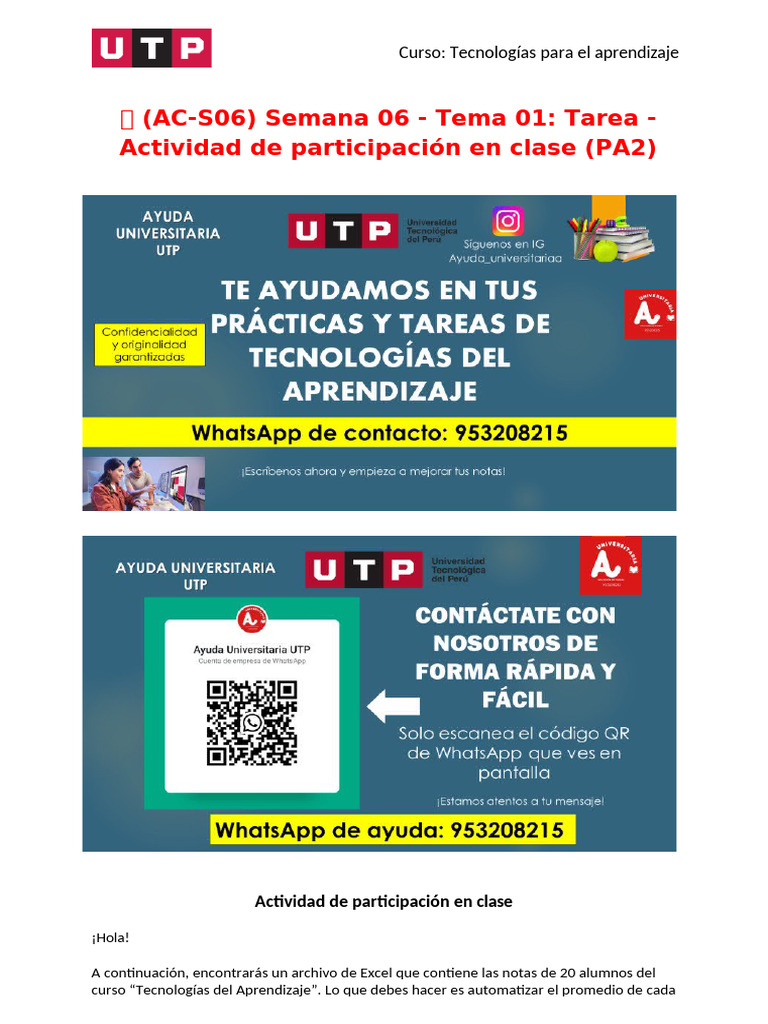 ? (AC-S06) Semana 06 - Tema 01 Tarea - Actividad de Participación en Clase (PA2) | PDF ...