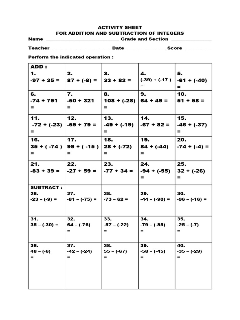 Addition and Subtraction of Integers Part 2 2025-2026 | PDF