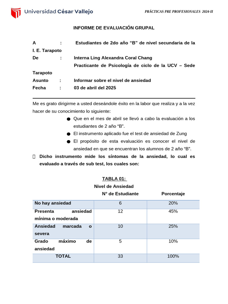 9. FORMATO INFORME DE EVALUACIÓN GRUPAL 2025 | PDF | Las emociones | Ansiedad