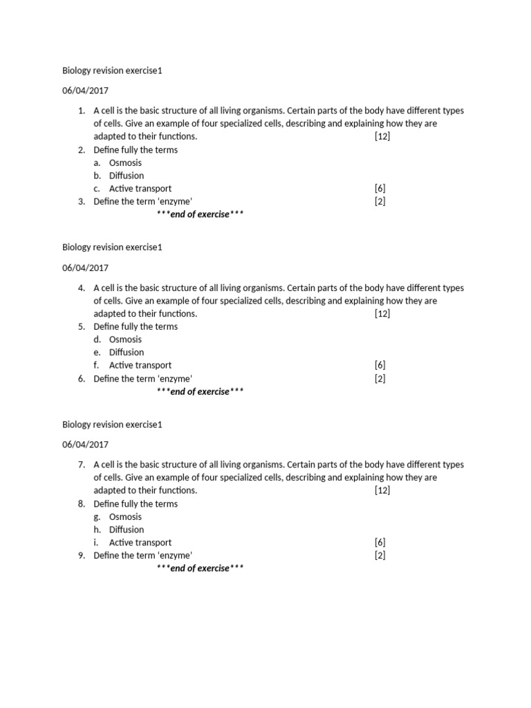 Biology Revision Exercise1 - Cells and Movement | PDF