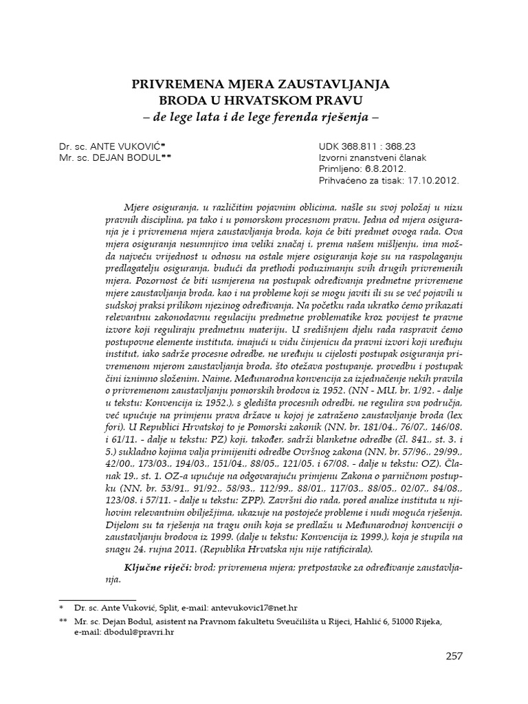 Vuković I Bodul - Privremena Mjera Zaustavljanja Broda | PDF