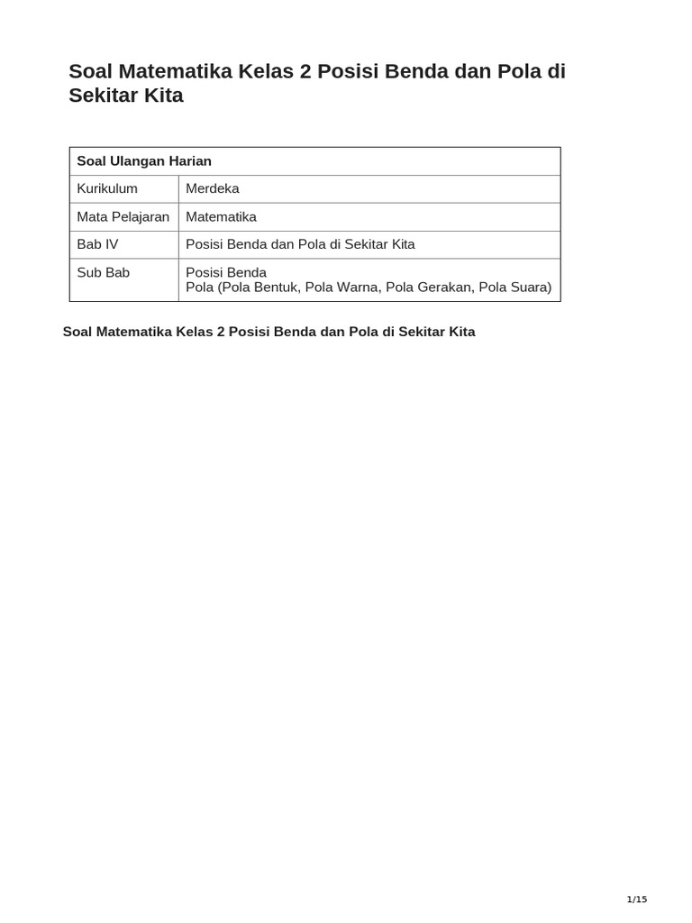 Soal Matematika Kelas 2 Posisi Benda Dan Pola Di Sekitar Kita | PDF