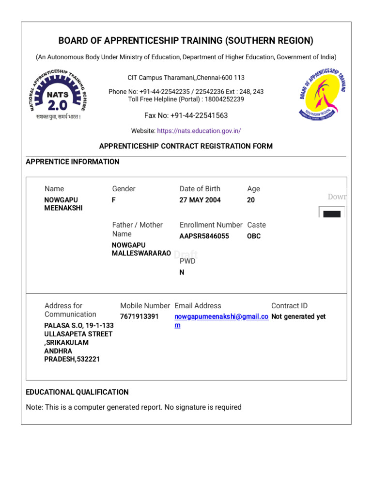 Apprenticeship Contract Registration Form Meenakshi | PDF ...
