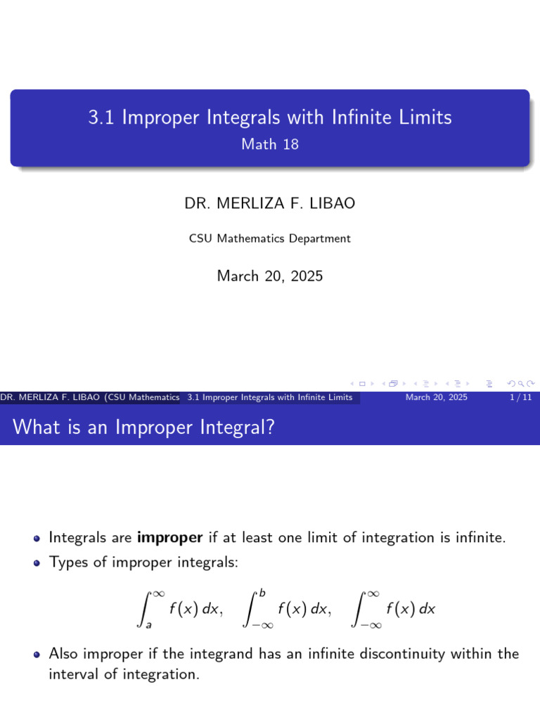 Math 18 3 1 Improper Integrals With Infinite Limits | PDF | Integral | Infinity