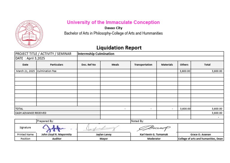 Liquidation Report -Internship Culmination.xlsx - Sheet1 | PDF