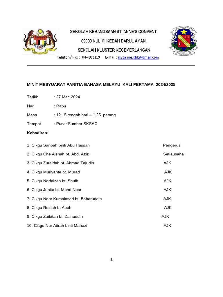 Minit Mesyuarat Panitia Bahasa Melayu Kali Pertama 2024 | PDF