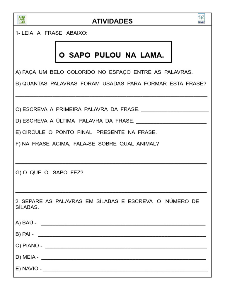 Atividades 4º Bloco Frase 2 | PDF