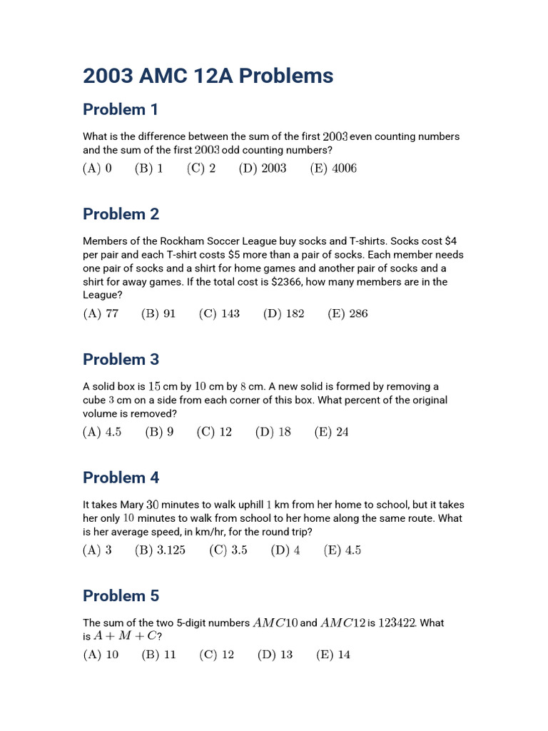 2003 AMC 12A Problem Set | PDF | Area | Circle