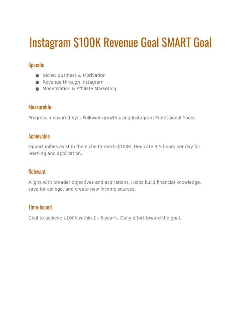 Instagram $100K Revenue Goal SMART Plan | PDF