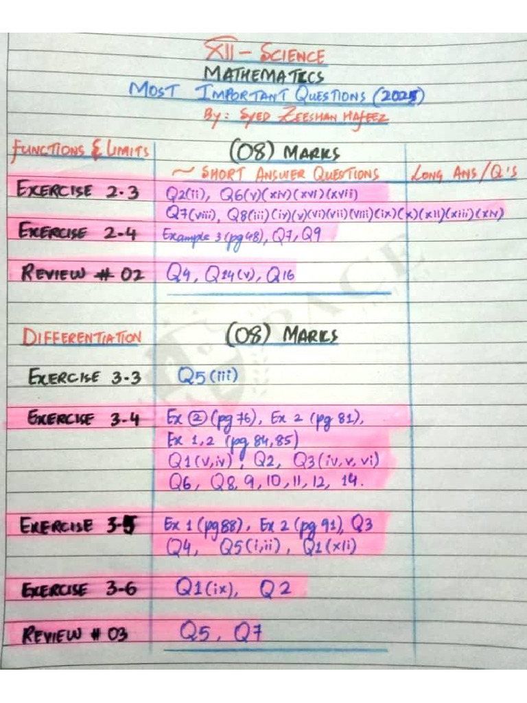 XII Sci Maths 2025 Important Questions | PDF