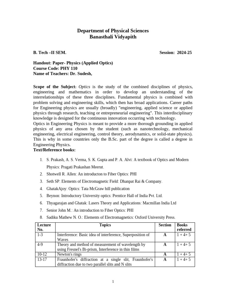 Applied Optics Handout | PDF | Diffraction | Optics