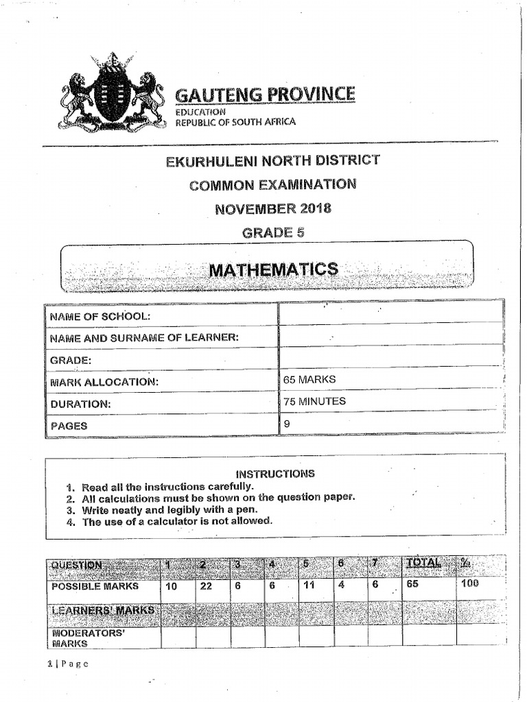 Gr5 - November Exam 2018 | PDF