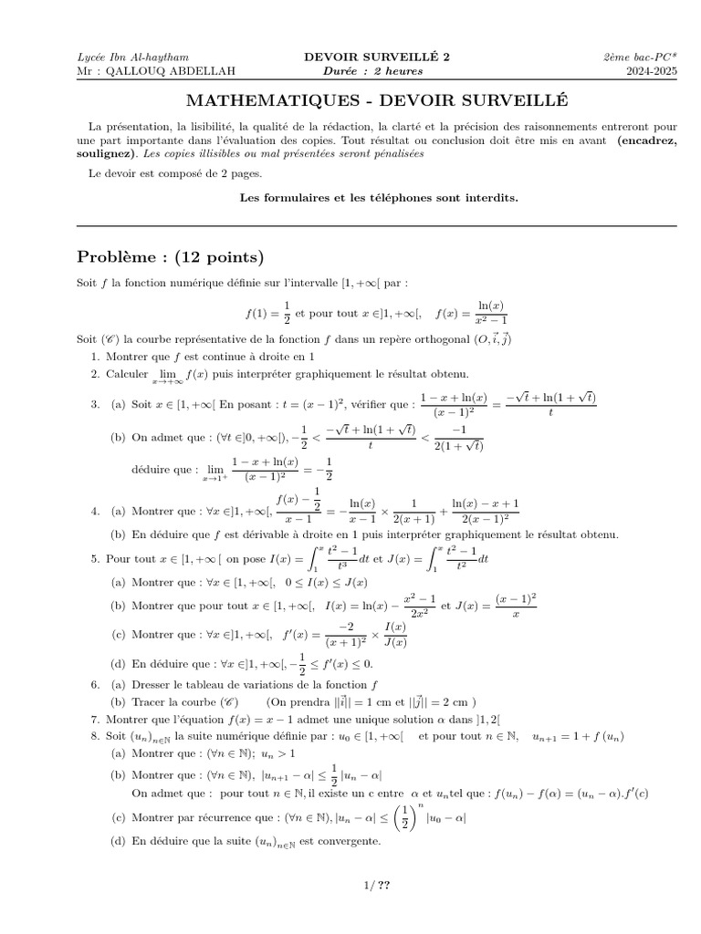 Devoir Surveillé 2 - Bac PC 2024-2025 | PDF | Nombre complexe | Objets ...