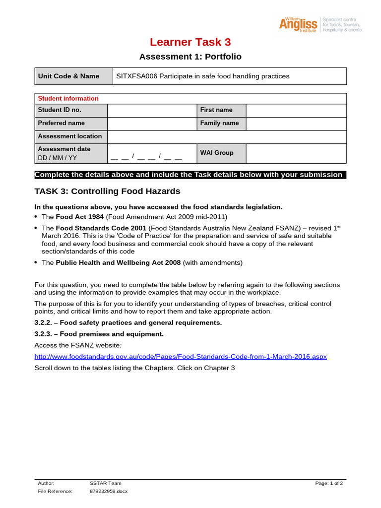 SSTAR SITXFSA006 Safe Food - A1 Portfolio - Task 3 - Learner V270923-2 ...
