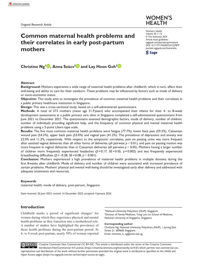 Ng Et Al 2024 Common Maternal Health Problems and Their Correlates in ...