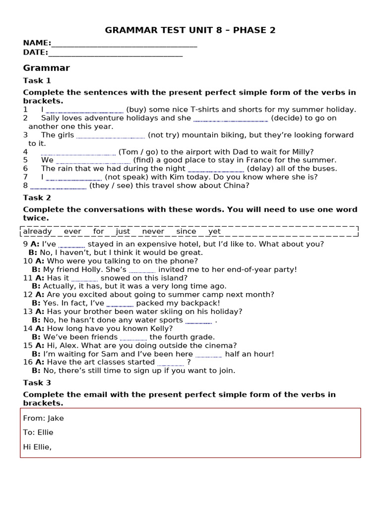 Grammar Test Unit 8 - Phase 2 | PDF