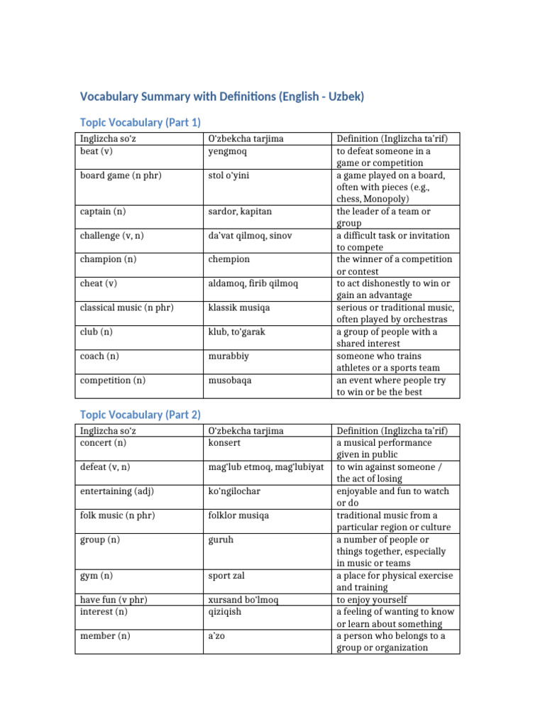 English-Uzbek Vocabulary Guide | PDF