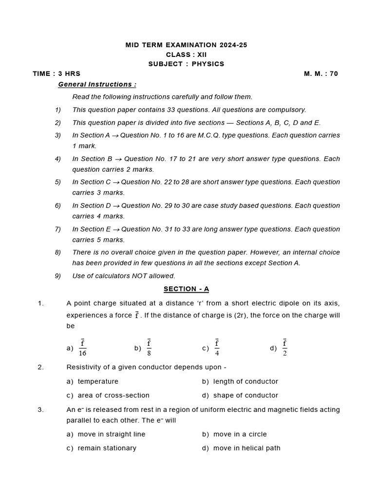 Class 12 Physics Mid-Term Paper | PDF | Refractive Index | Electric Field