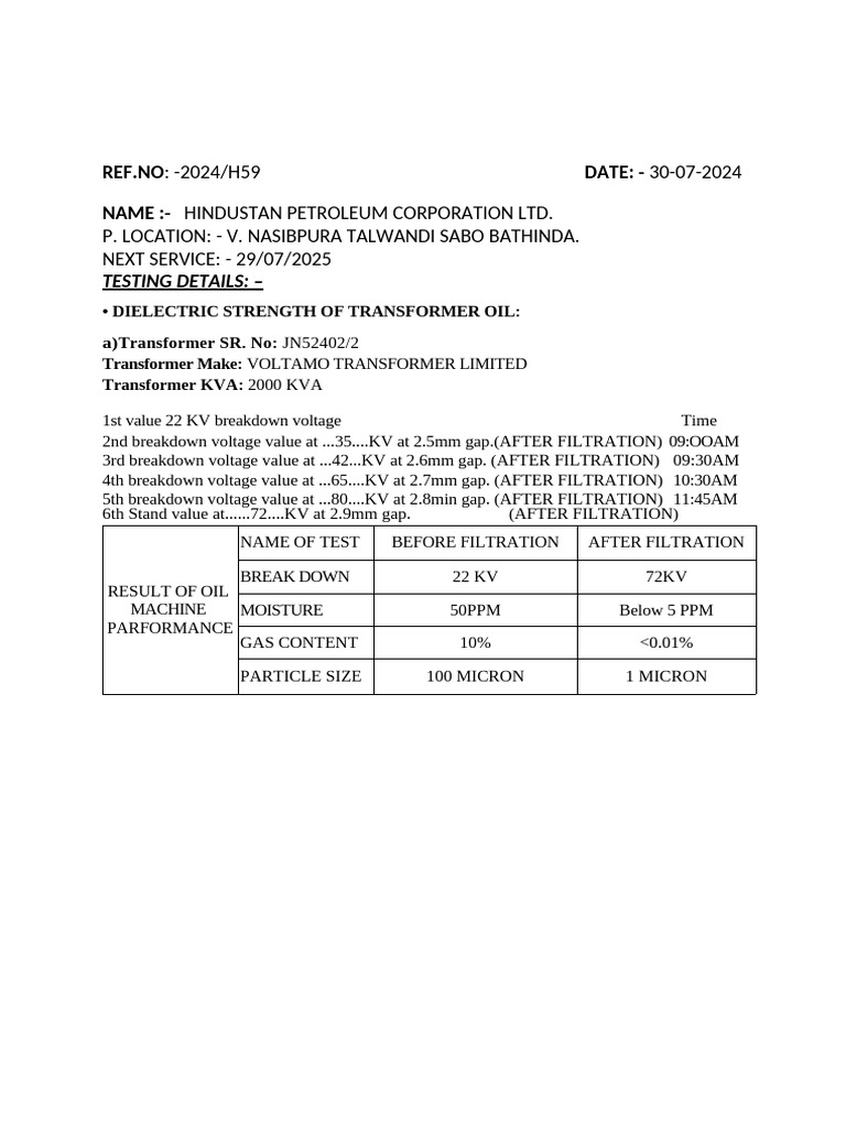 HINDUSTAN PETROLIUM OIL TEST REPORT - For Merge | PDF