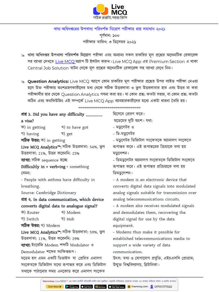 DGFood Sub Inspector Exam Question Solution 3 12 2021 | PDF