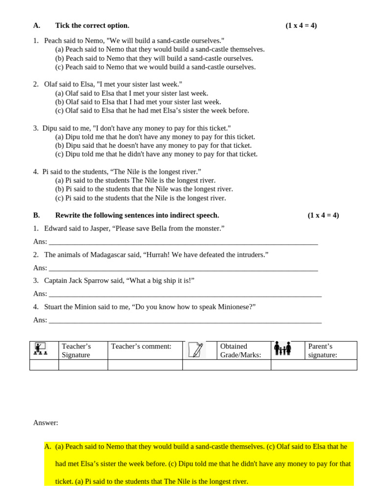 Day 6 Worksheet Direct Indirect Speech (1) | PDF