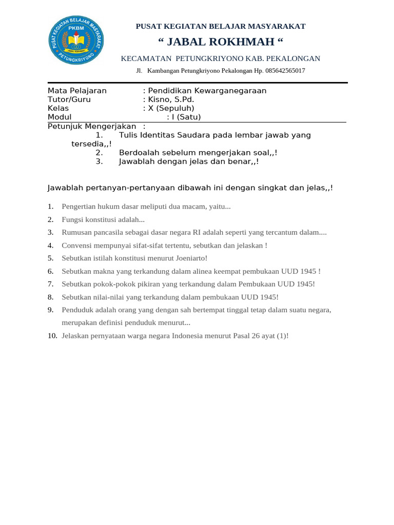 SOAL PKN Kelas X - MODUL 1 | PDF