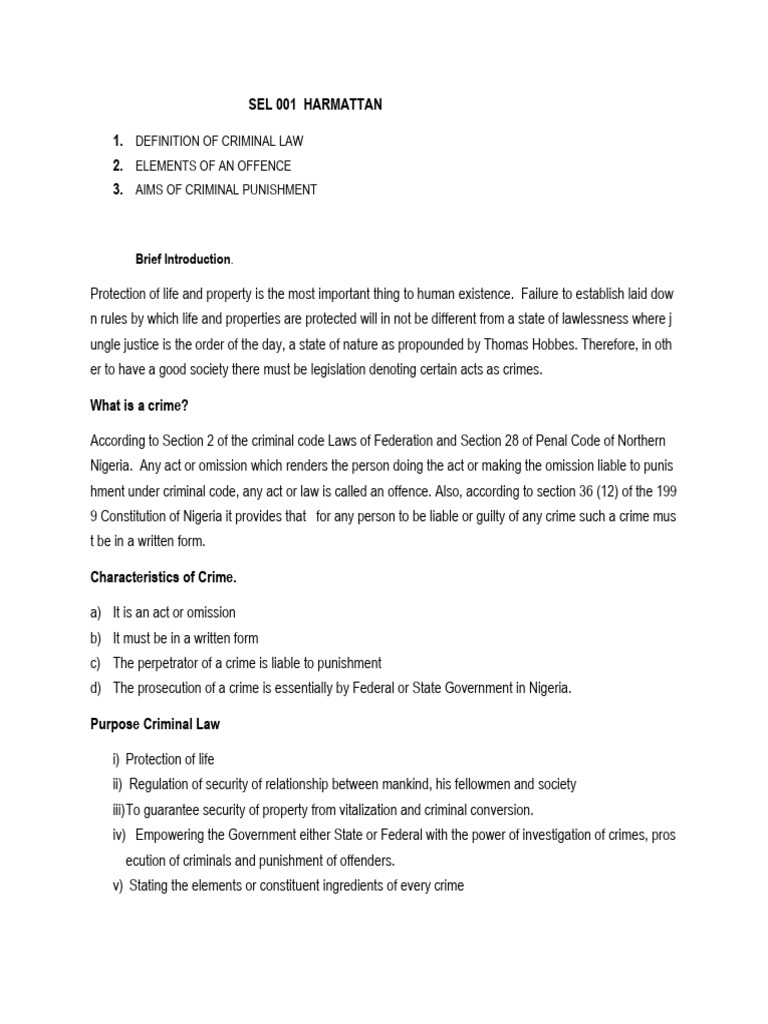 Sel 001 Special Elective Law Element of An Offence, Criminal Law Harmattan Semester | PDF