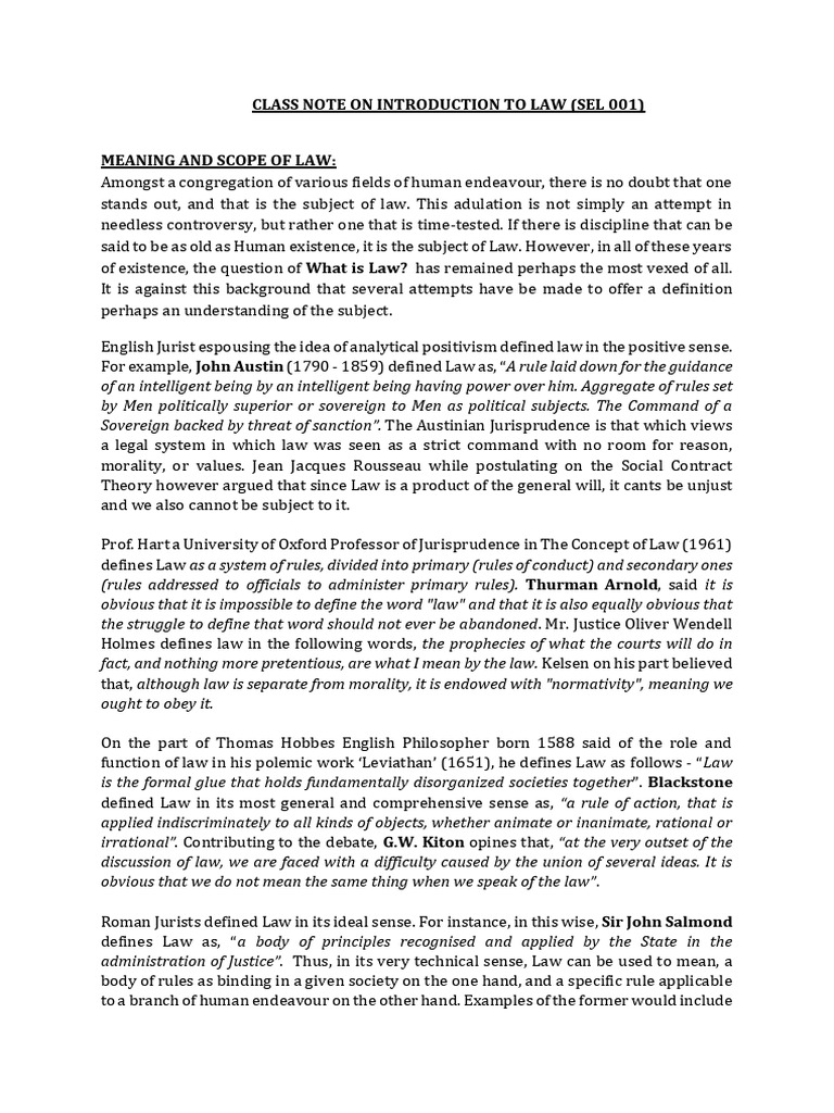 Sel 001 (Introduction To Law) Class Note | PDF | Jurisprudence | Natural Law