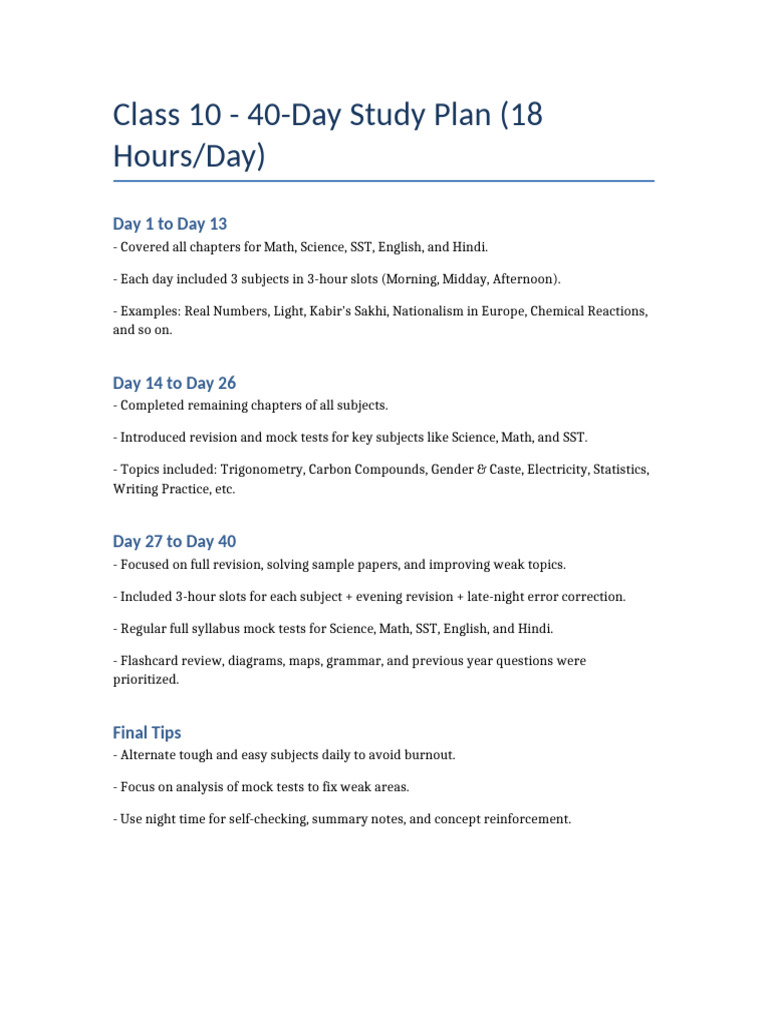 Class 10 40 Day Study Plan | PDF