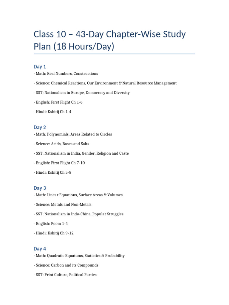 Class 10 43 Day Full Syllabus Plan | PDF
