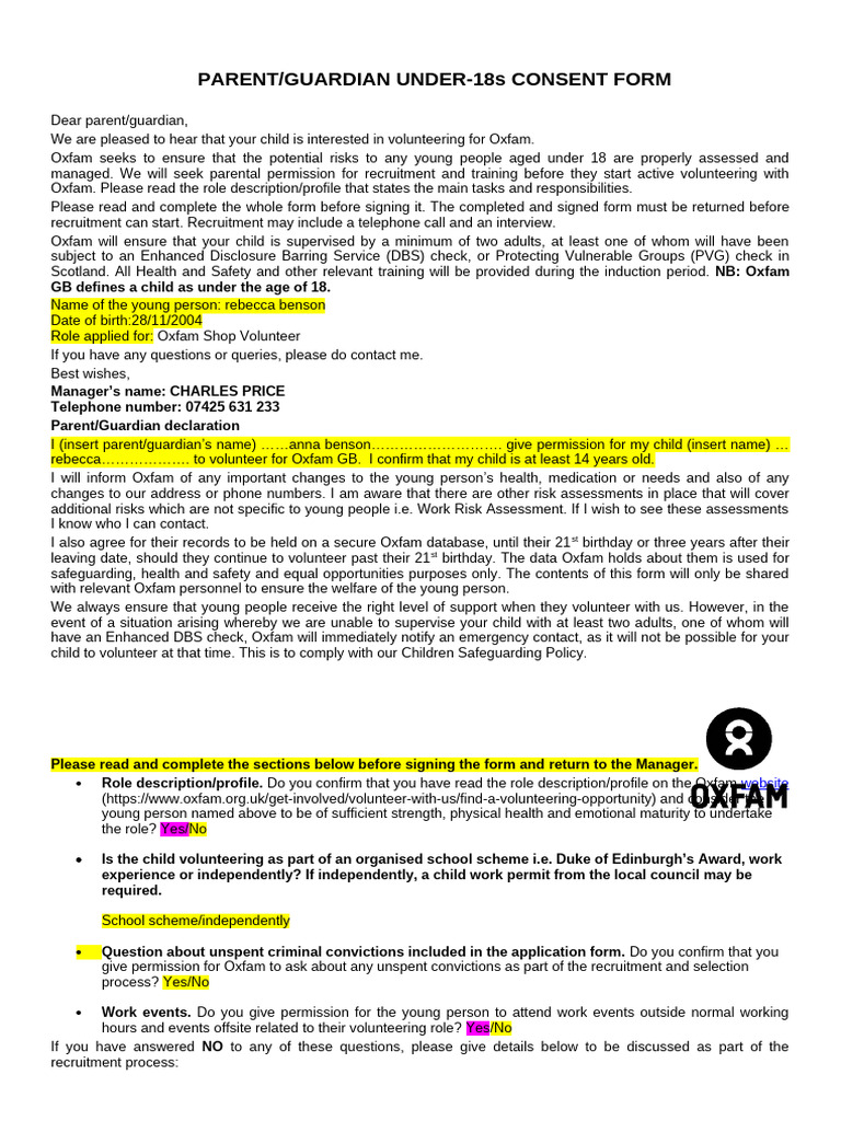 Oxfam GB Parent Guardian Consent Form | PDF