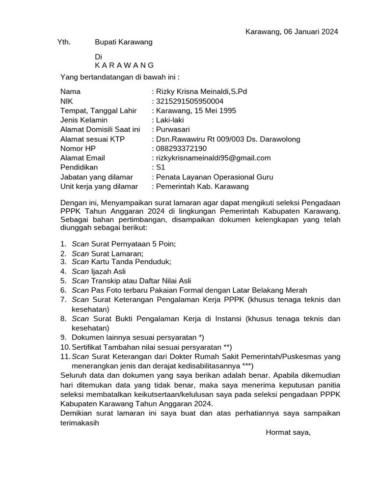 Format Surat Lamaran PPPK 2024 | PDF