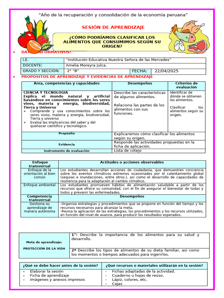 Sesion Clasificacion de alimentos | PDF | Alimentos | Aprendizaje