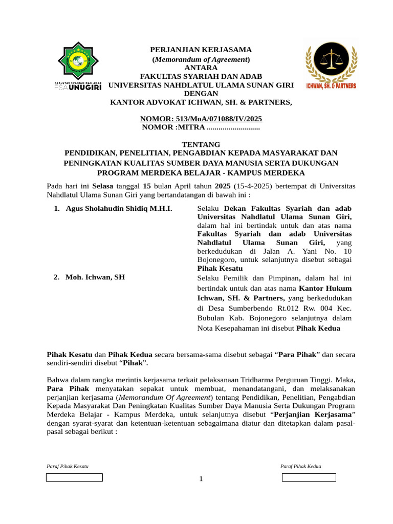 Draft MoA FSA dan Kantor Advokat Ichwan, SH. & Partners (1) | PDF