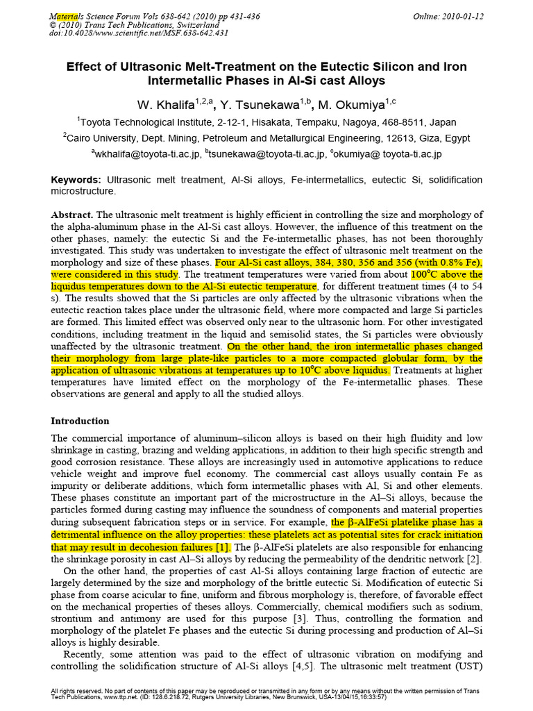 Effect of Ultrasonic Melt-Treatment On The Eutectic Silicon and Iron Intermetallic Phases in Al ...