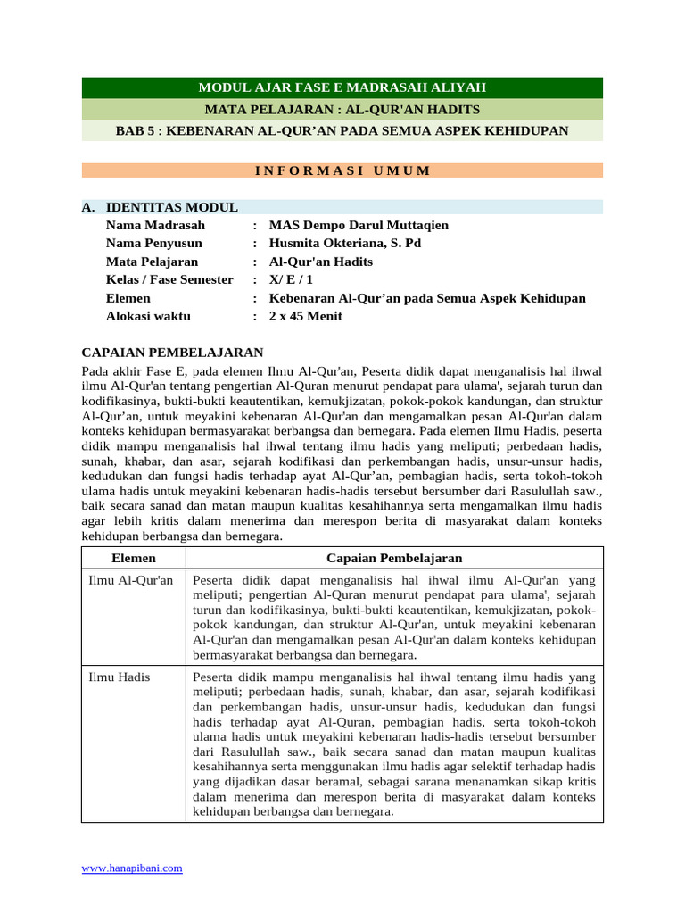 Modul Qurdis 10 Bab 5 - Kebenaran Al-Qur'an Pada Semua Aspek Kehidupan | PDF