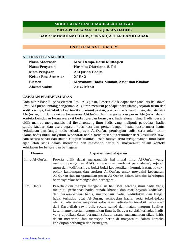 Modul Qurdis 10 Bab 7 - Memahami Hadis, Sunah, Khabar Dan Atsar | PDF