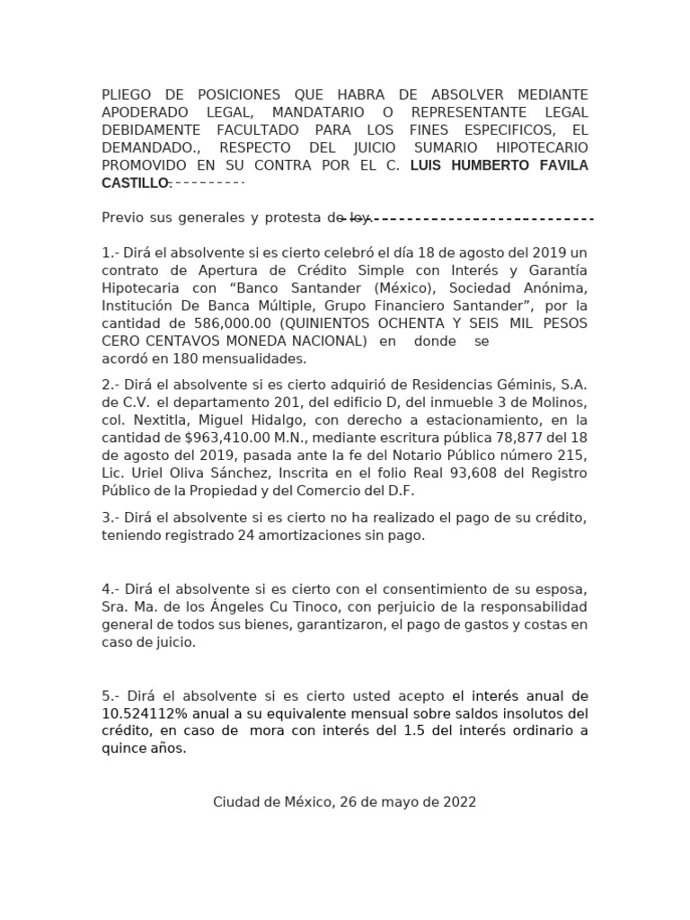 Pliego de Posiciones Que Habra de Absolver Mediante Apoderado Legal | PDF